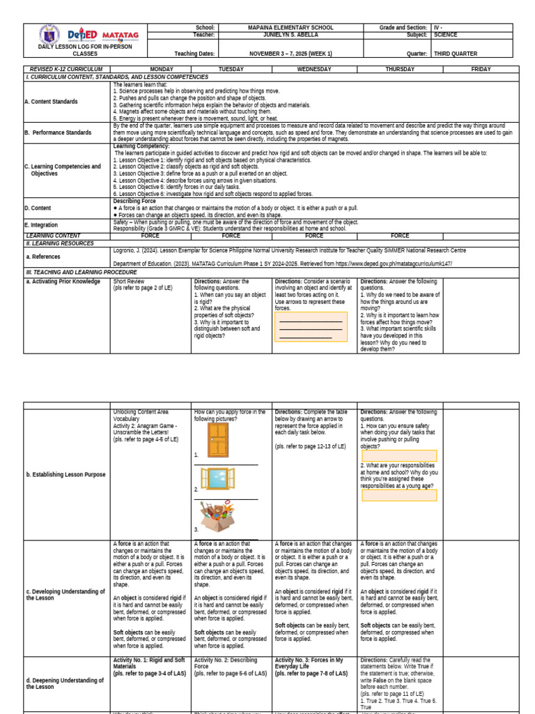 G4Q3W1 DLL SCIENCE (Revised K-12) | PDF | Force | Learning