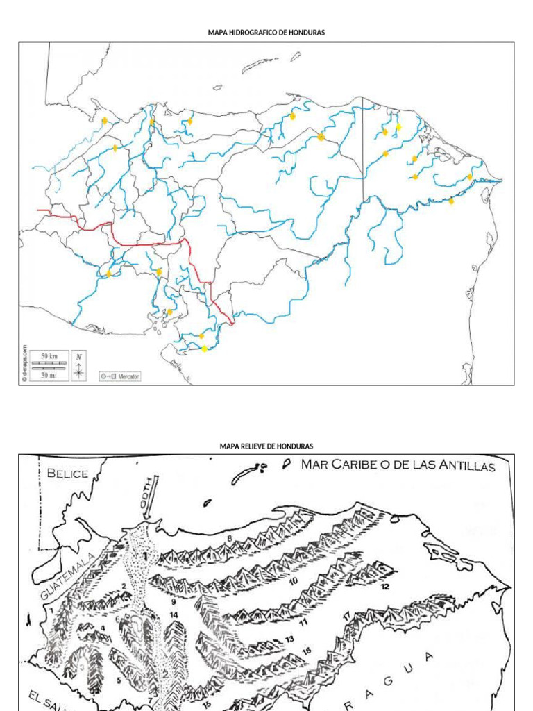 Mapa Hidrografico y Relieve de Honduras, Guatemala, El Salvador ...