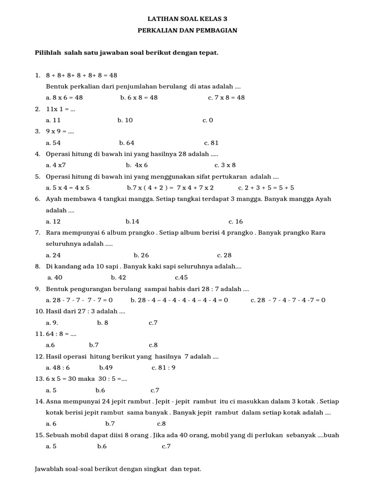 Soal Perkalian dan Pembagian Kelas 3 | PDF