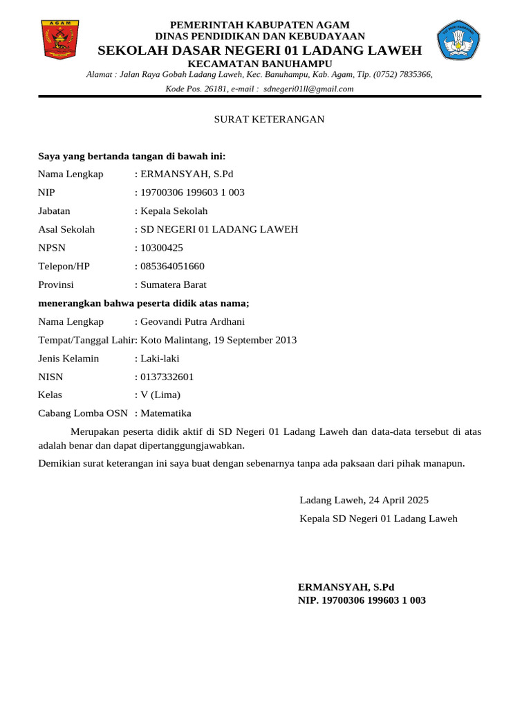 Format Surat Keterangan Kepala Sekolah Untuk Pendaftaran Osn | PDF