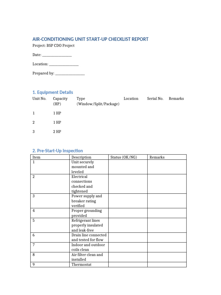Air Conditioning Start-Up Checklist | PDF | Air Conditioning | Thermostat