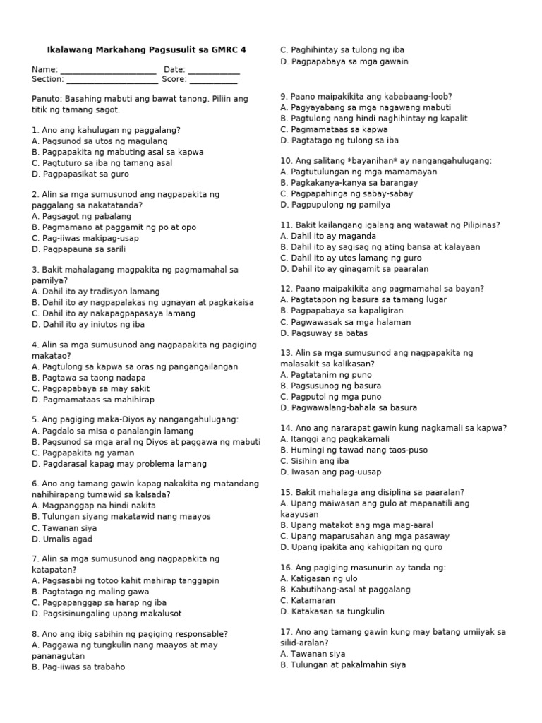 Quarter 2 Examination GMRC 4 DepEdClick | PDF