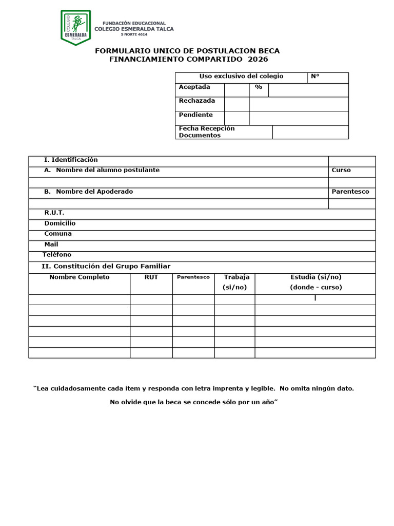 Formulario Beca Financiamiento 2026 | PDF
