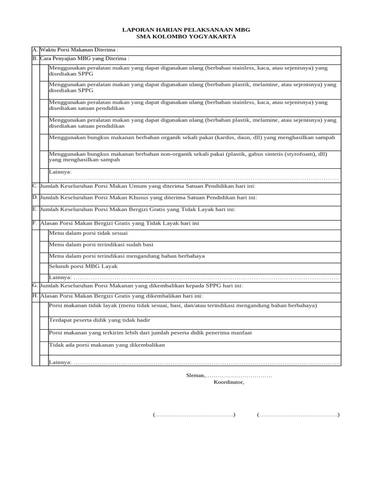 Laporan Harian Pelaksanaan MBG SMA | PDF