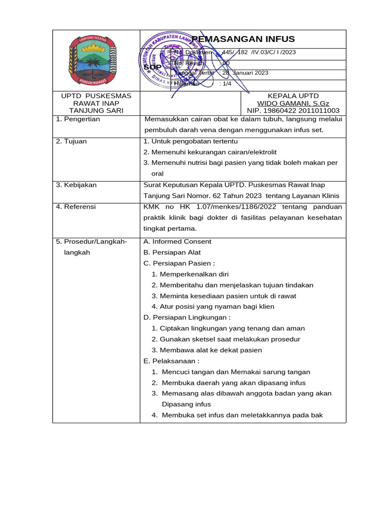 SOP Pemasangan Infus Kemenkes | PDF