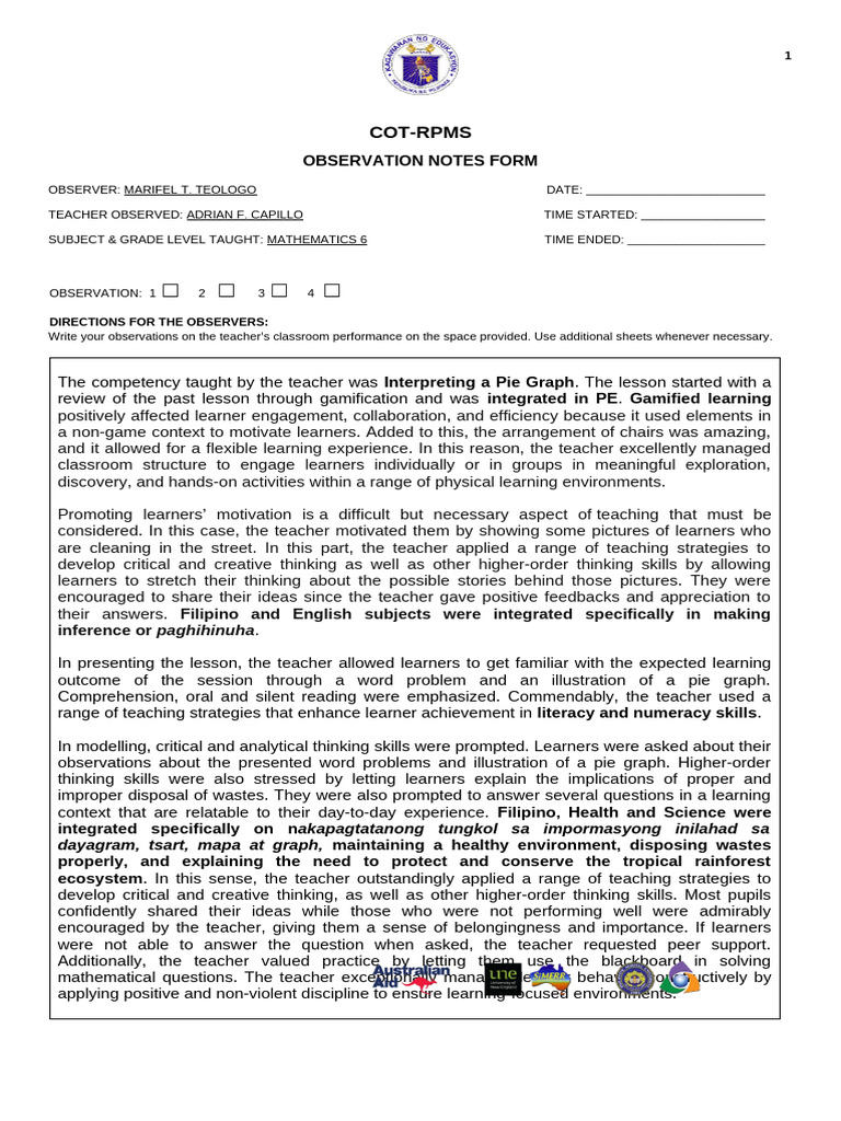 Teacher Observation Notes for Math 6 | PDF | Teachers | Learning