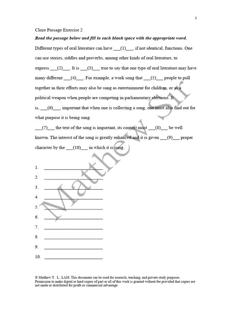 Cloze Passage Exercise on Oral Literature | PDF