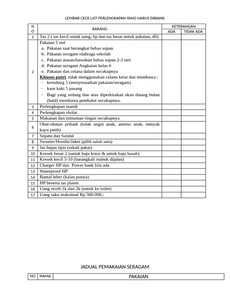 Lembar Ceck List Perlengkapan Yang Harus Dibawa | PDF