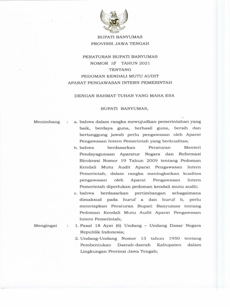 Perbup 18 Tahun 2021 TTG Pedoman Kendali Mutu Audit Aparat Intern ...
