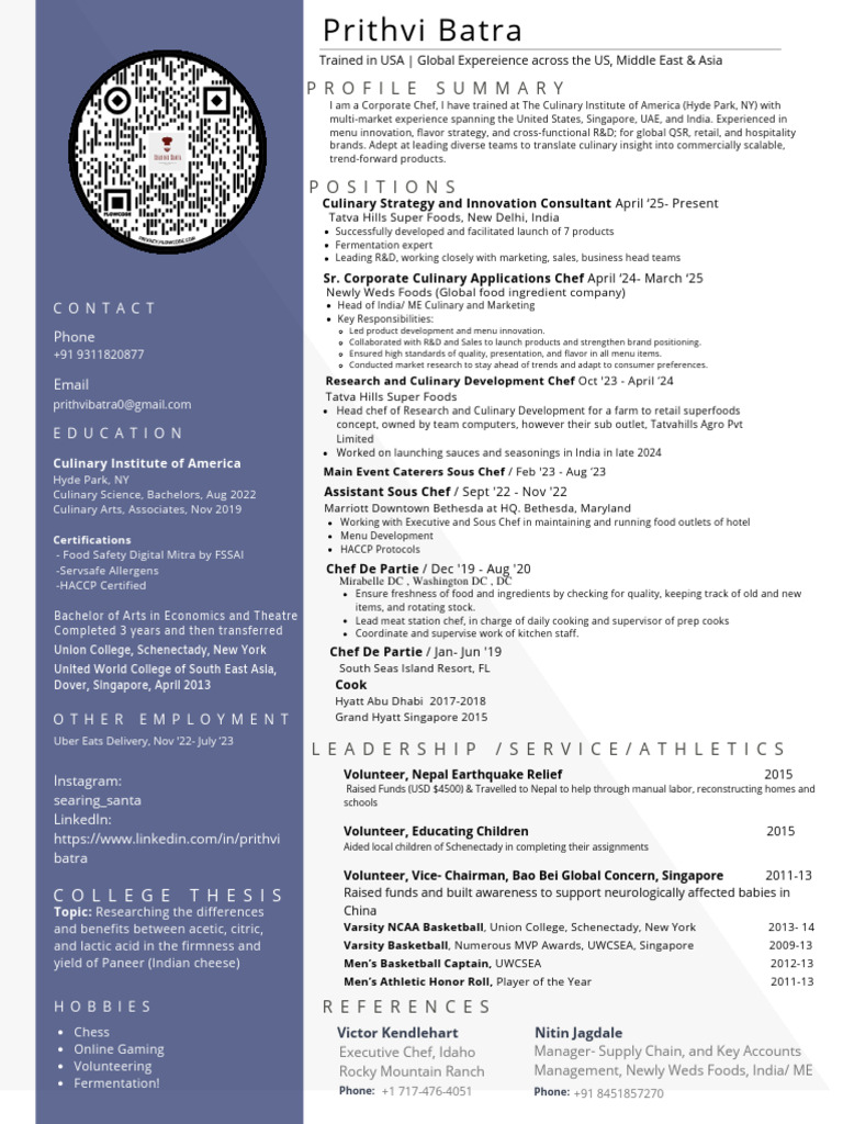 Prithvi Resume October '25 | PDF | Chef | Foods