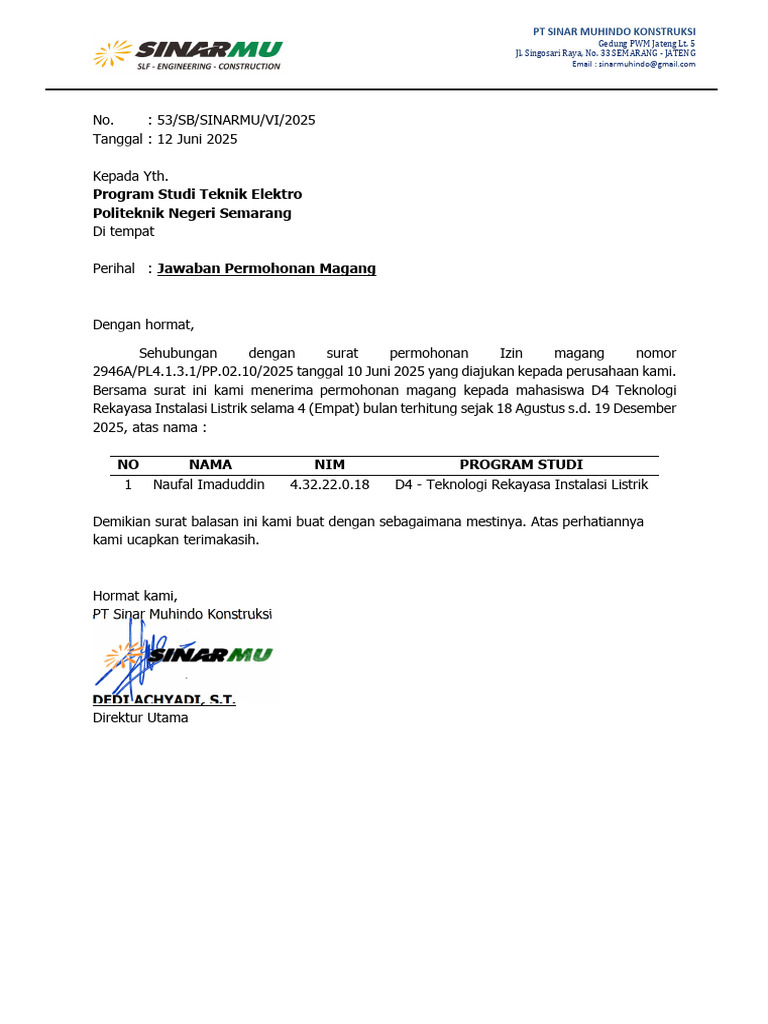 Balasan Surat PKL Polines - Agus S.D Des 2025 | PDF