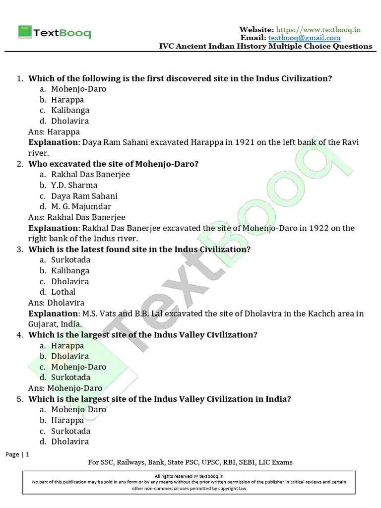 IVC Ancient Indian History MCQs | PDF