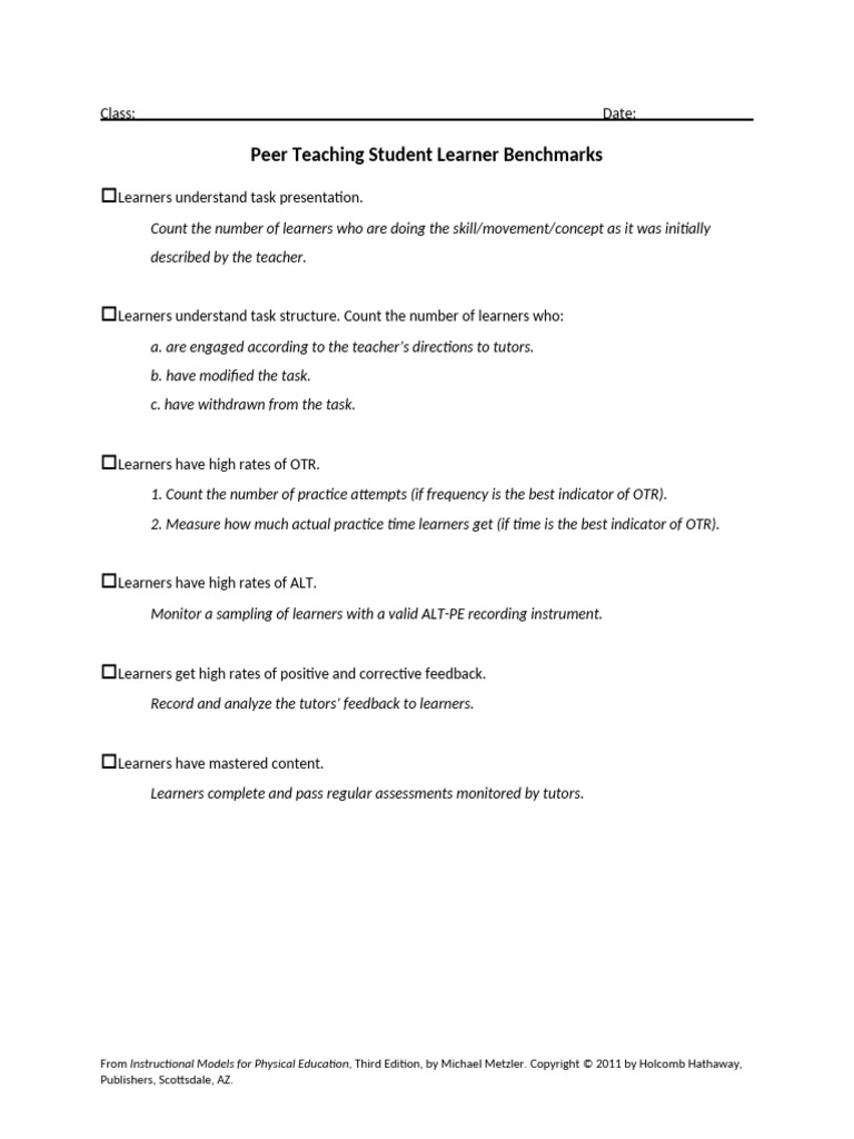 Peer Teaching Benchmarks for Learners | PDF
