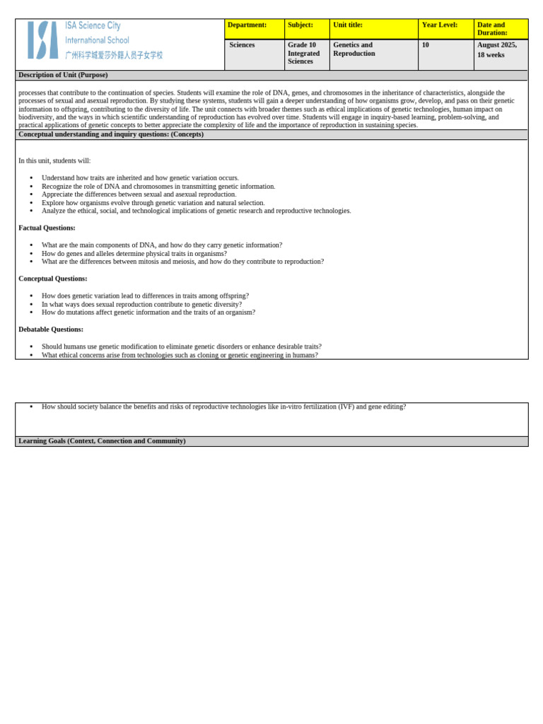 Grade 10 Genetics and Reproduction Unit | PDF | Genetics | Reproduction