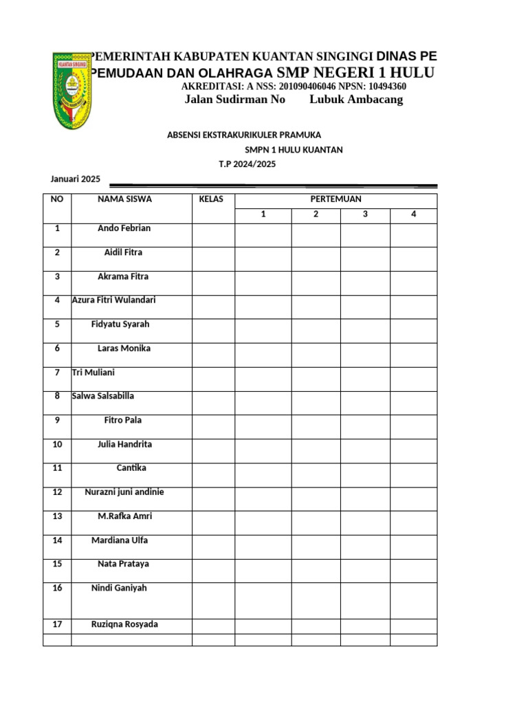 Absensi Ekstrakurikuler Pramuka SMPN 1 | PDF