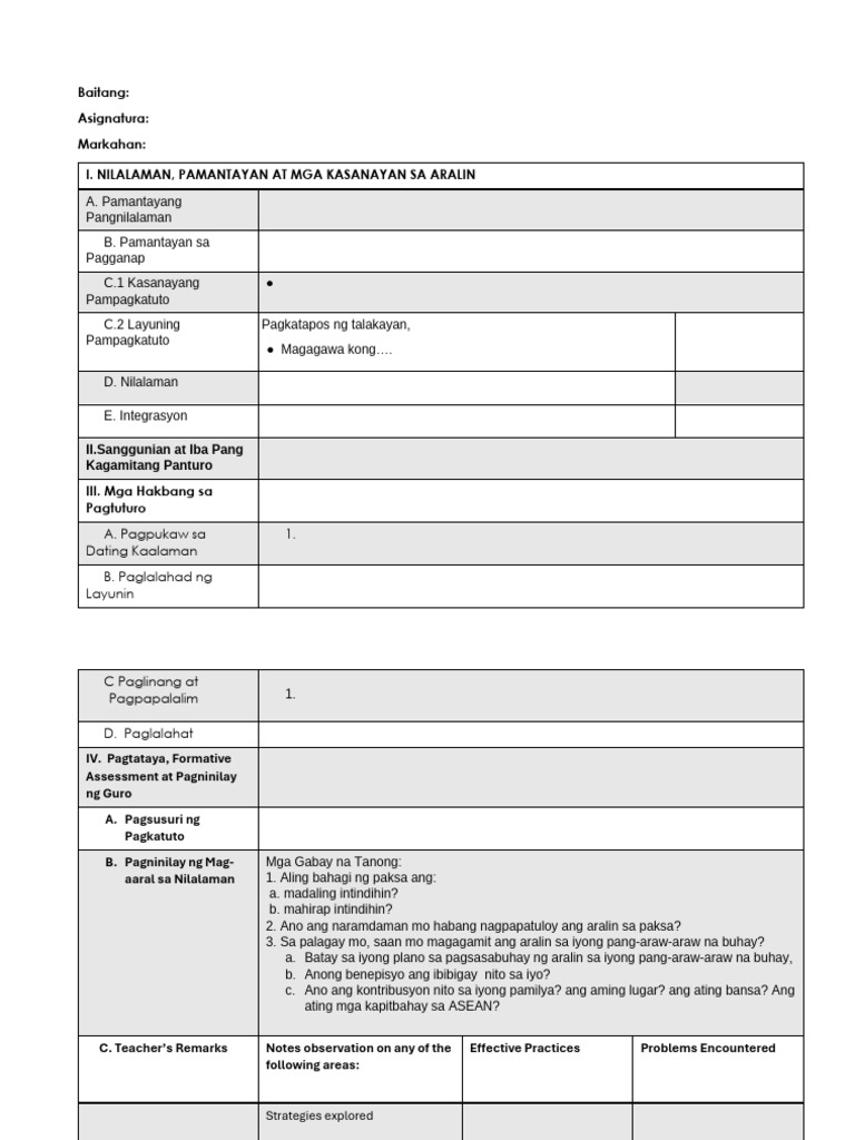 Learning Plan Template (Filipino Version) | PDF