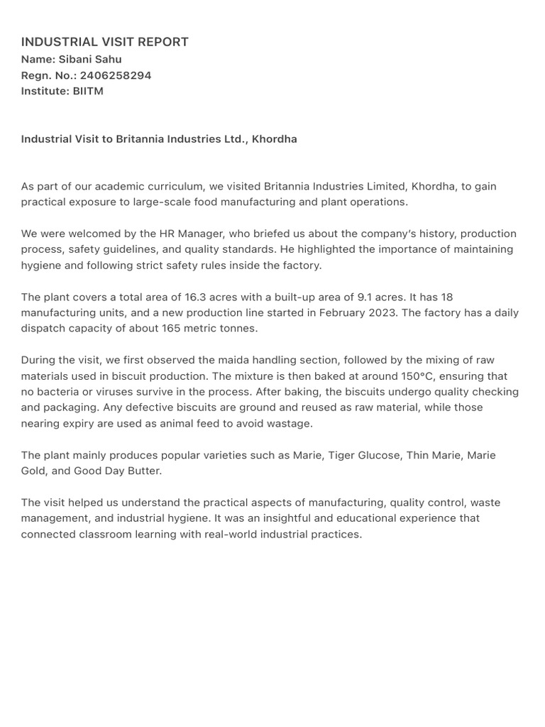Industrial Visit to Britannia Industries | PDF