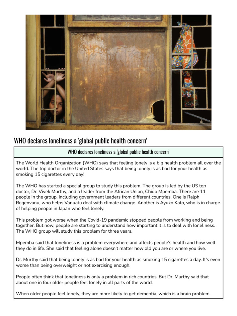 WHO Declares Loneliness A Global Public Health Concern' | PDF | Loneliness