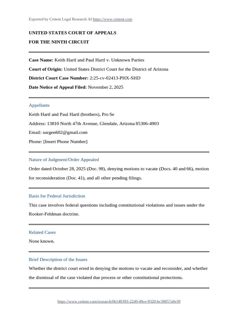 Ninth Circuit Appeal Docketing Statement | PDF