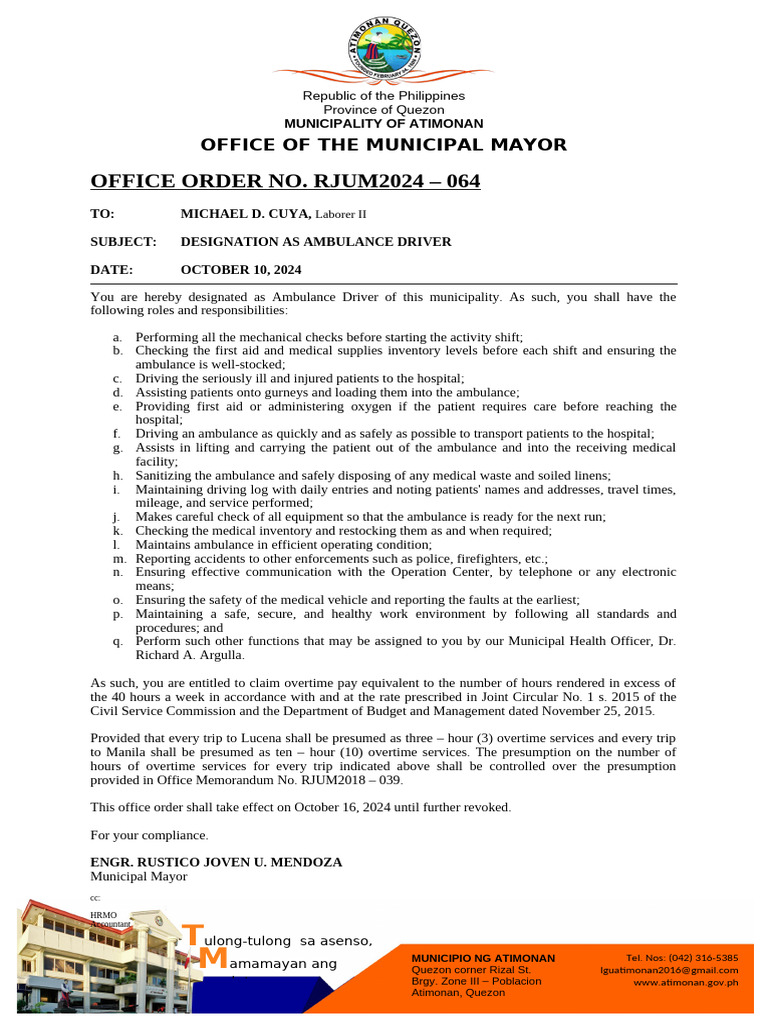 Office Order No. Rjum2024-064 Sir Michael Cuya Ambulance Driver | PDF ...