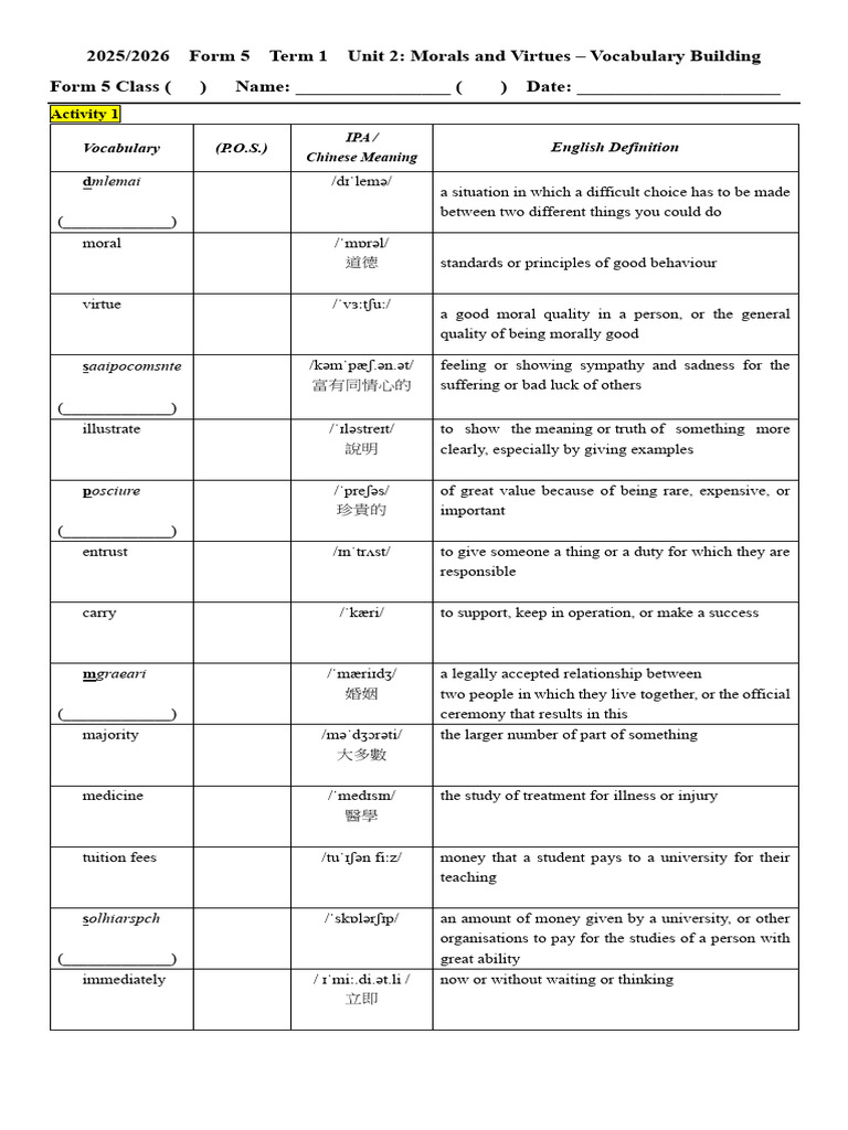 Unit 2 - Morals and Virtues - Vocabulary Building 1 - Blank | PDF