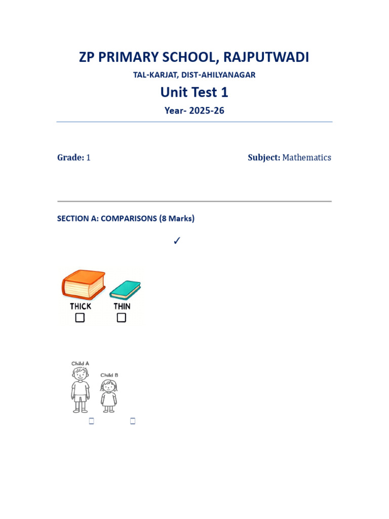Grade 1 Math Question Paper | PDF