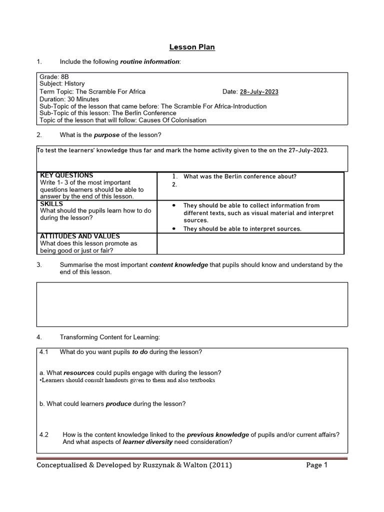 Grade 8 History Lesson Plan 28-July-2023 | PDF | Lesson Plan | Learning