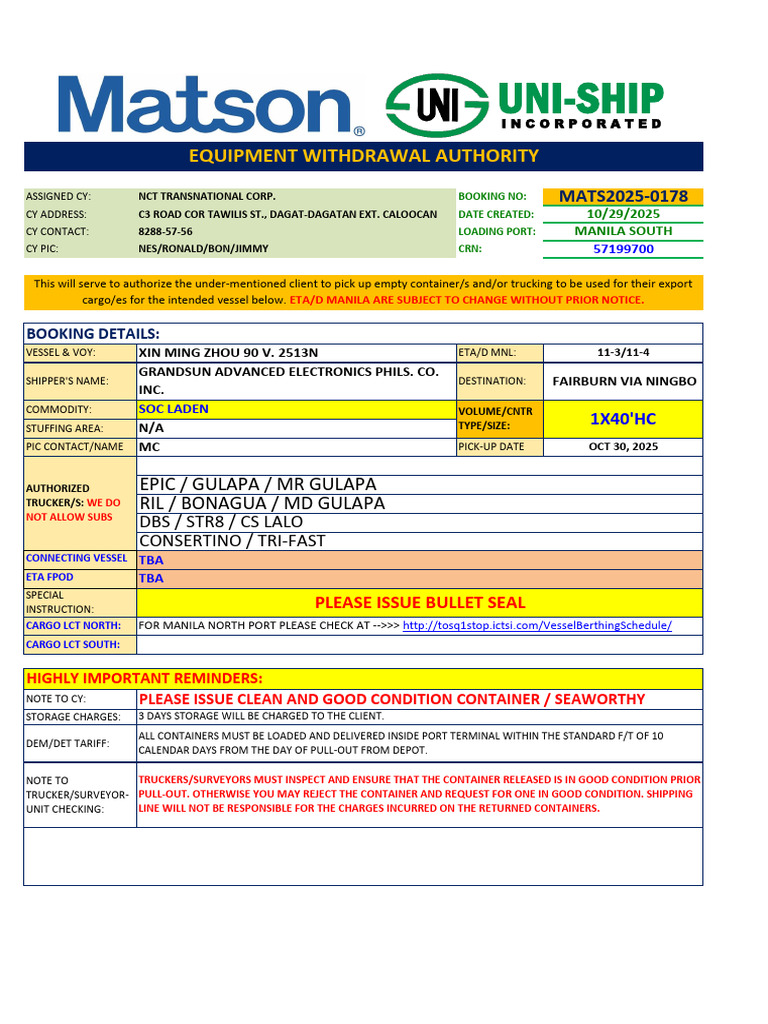 Atw 1x40'Hc Mats2025-0178 (Grandsun) Rev.01 | PDF | Freight Transport ...