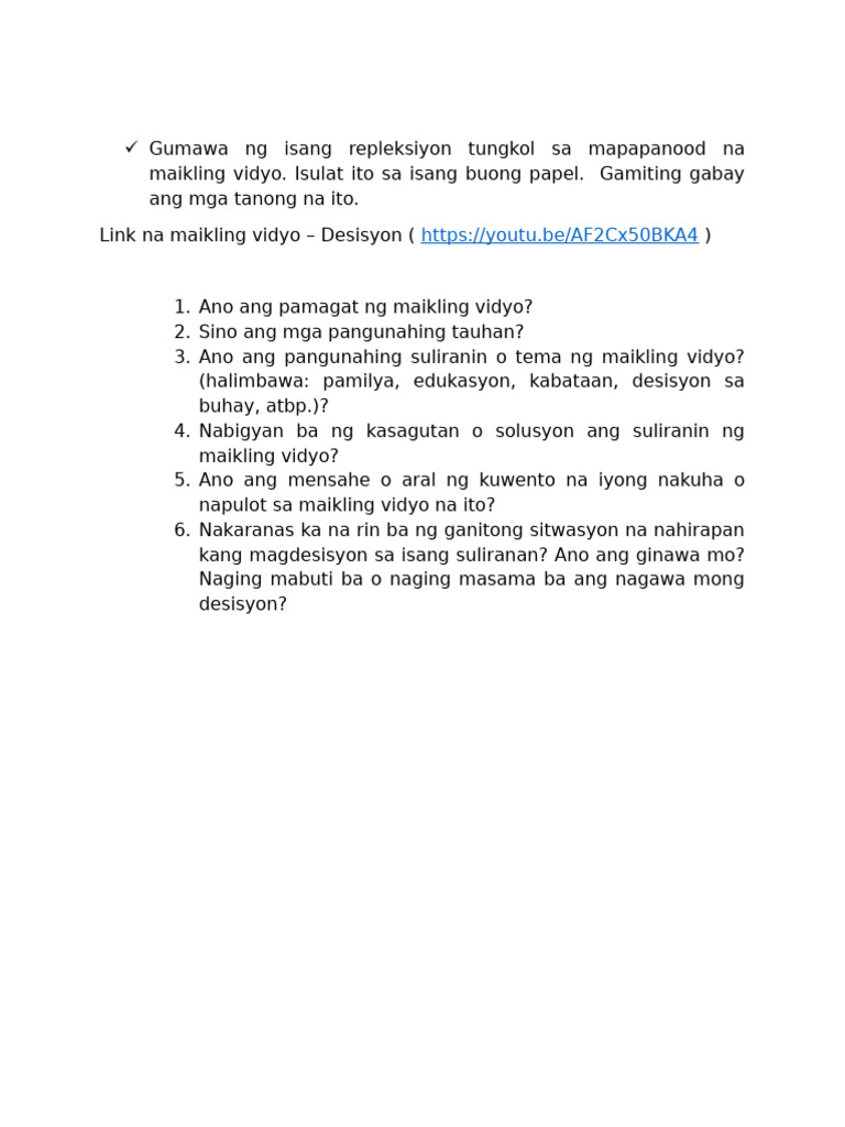 EsP6-Q2 PerfTask- Gumawa Ng Isang Repleksiyon Tungkol Sa Mapapanood Na Maikling Vidyo | PDF