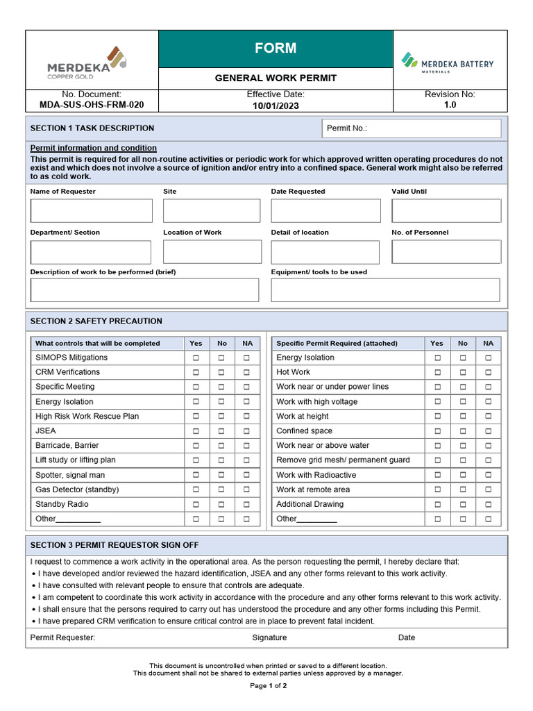 Mda Sus Ohs FRM 020 General Work Permit Eng | PDF | Occupational Safety ...