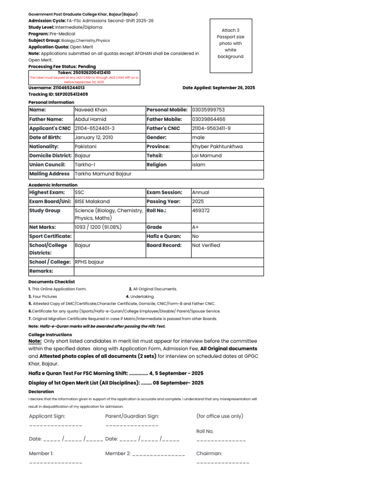 Admission Document Checklist for GPGC Khar | PDF