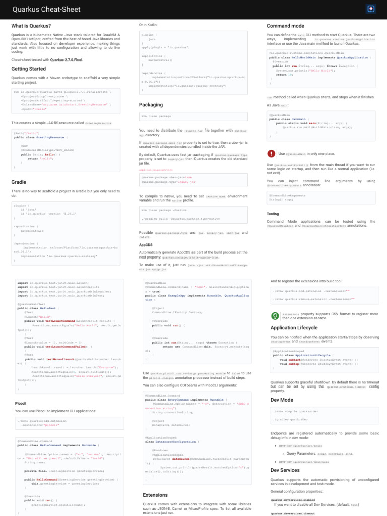 Quarkus Cheat Sheet | PDF | Java (Programming Language) | Command Line Interface