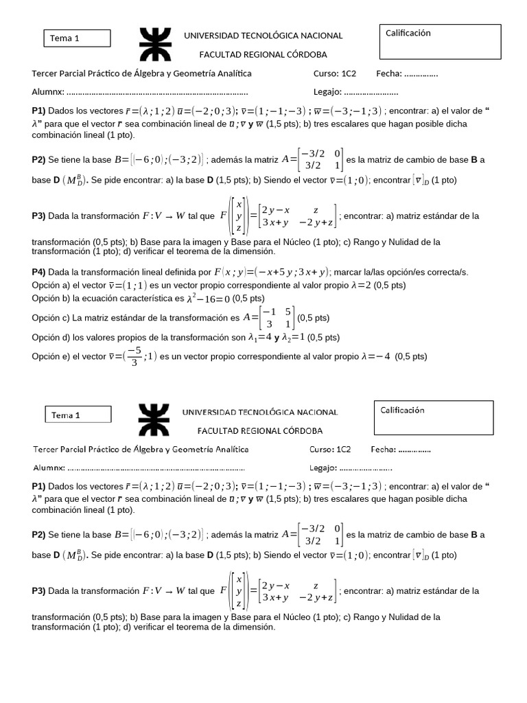 TERCER PARCIAL ANUAL 1C2 Algebra | PDF | Valores propios y vectores propios | Matriz (Matemáticas)