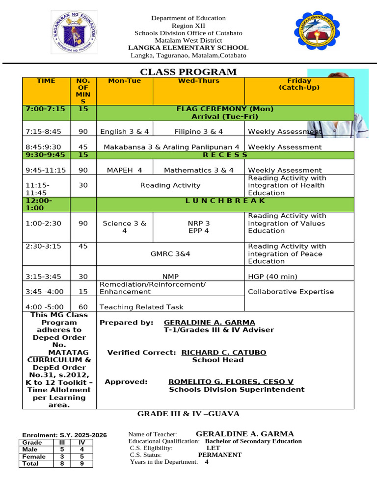 3 & 4 Matatag Class Program | PDF | Intelligence | Learning