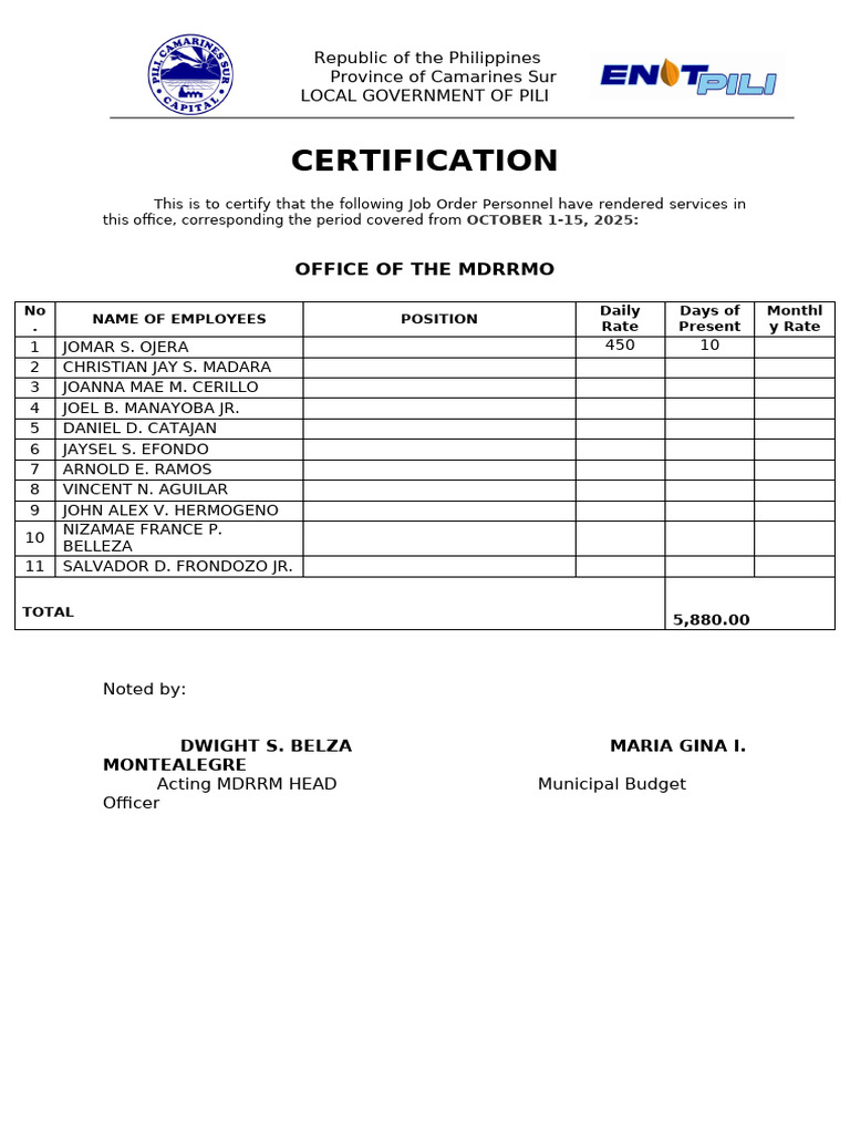 Job Order Personnel Certification - Pili | PDF