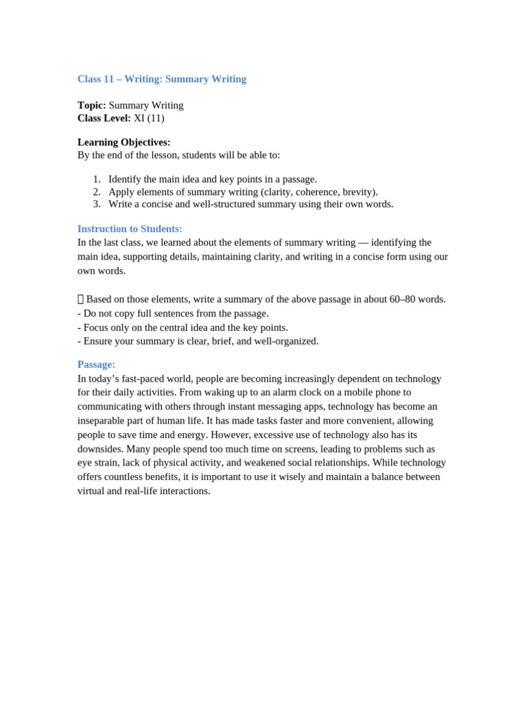 Summary Writing Activity Class11 | PDF