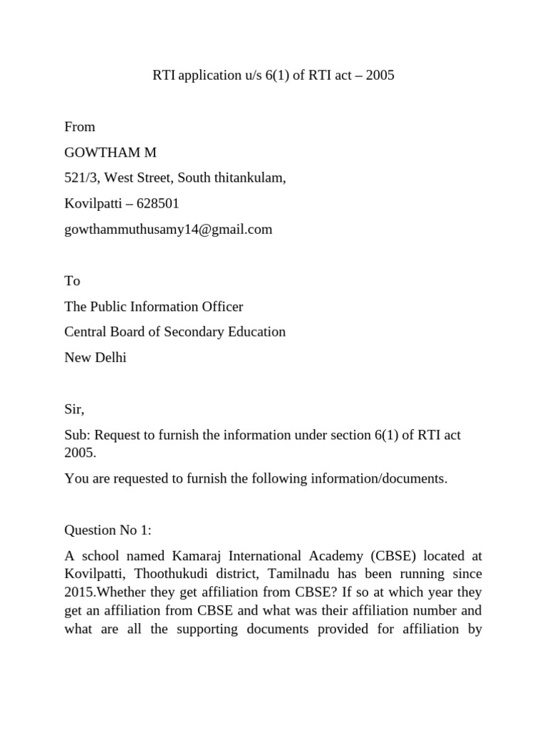 RTI Application for CBSE School Affiliation | PDF | Educational ...