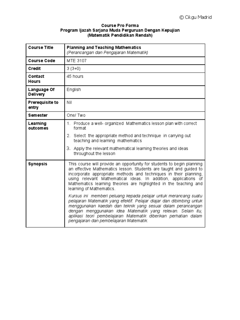 Proforma Mte 3107 - Planning & Teaching Mathematics | PDF | Learning ...