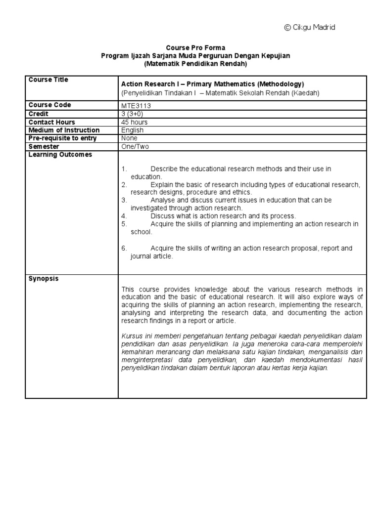 Proforma Mte 3113 - Action Research I - Primary Mathematics Methodology ...