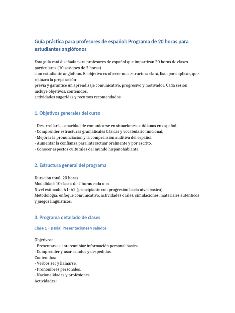 Guía de 20 horas para enseñar español | PDF | Lengua española | Aprendizaje