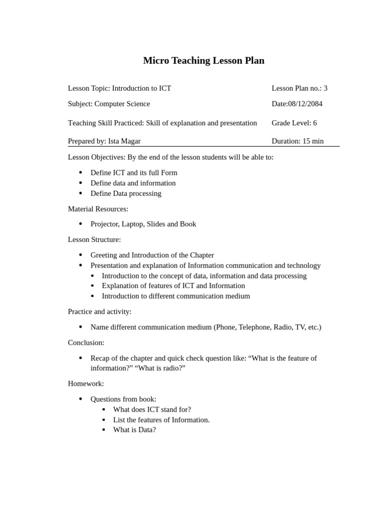 ICT Introduction Lesson Plan for Grade 6 | PDF