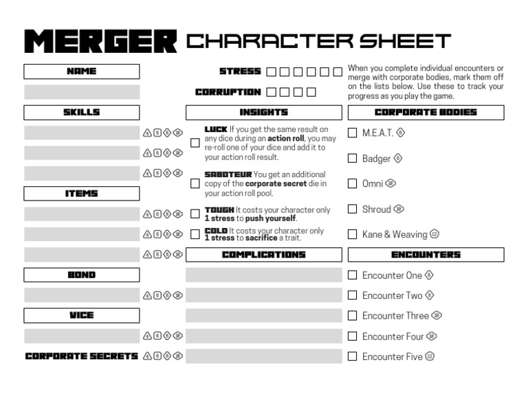 Merger Character Sheet | PDF | Dice | Tabletop Games