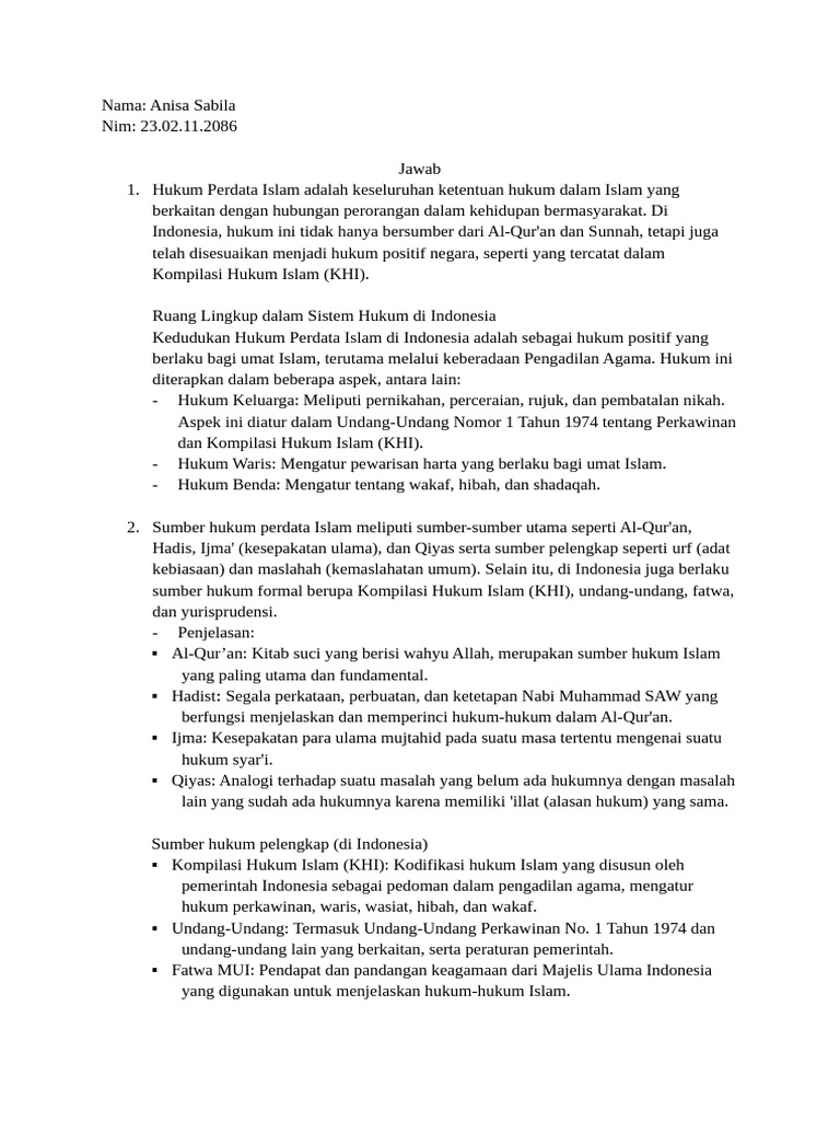ANISA SABILA PENGANTAR HUKUM PERDATA ISLAM | PDF