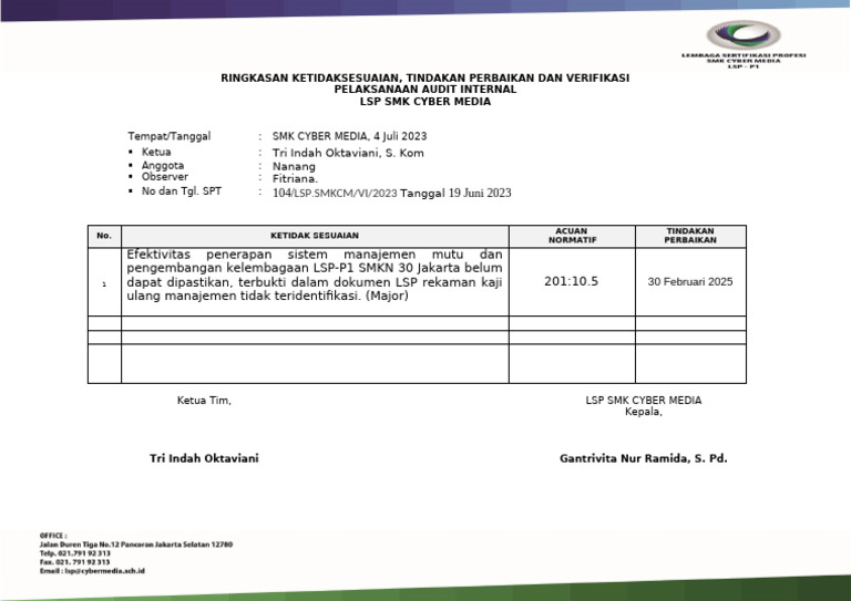 Audit Internal LSP SMK Cyber Media 2023 | PDF