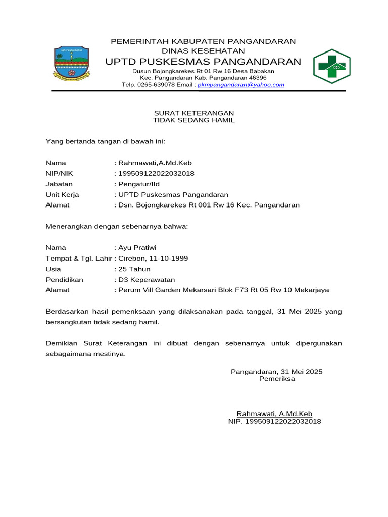 Surat Keterangan Tidak Hamil Pangandaran | PDF