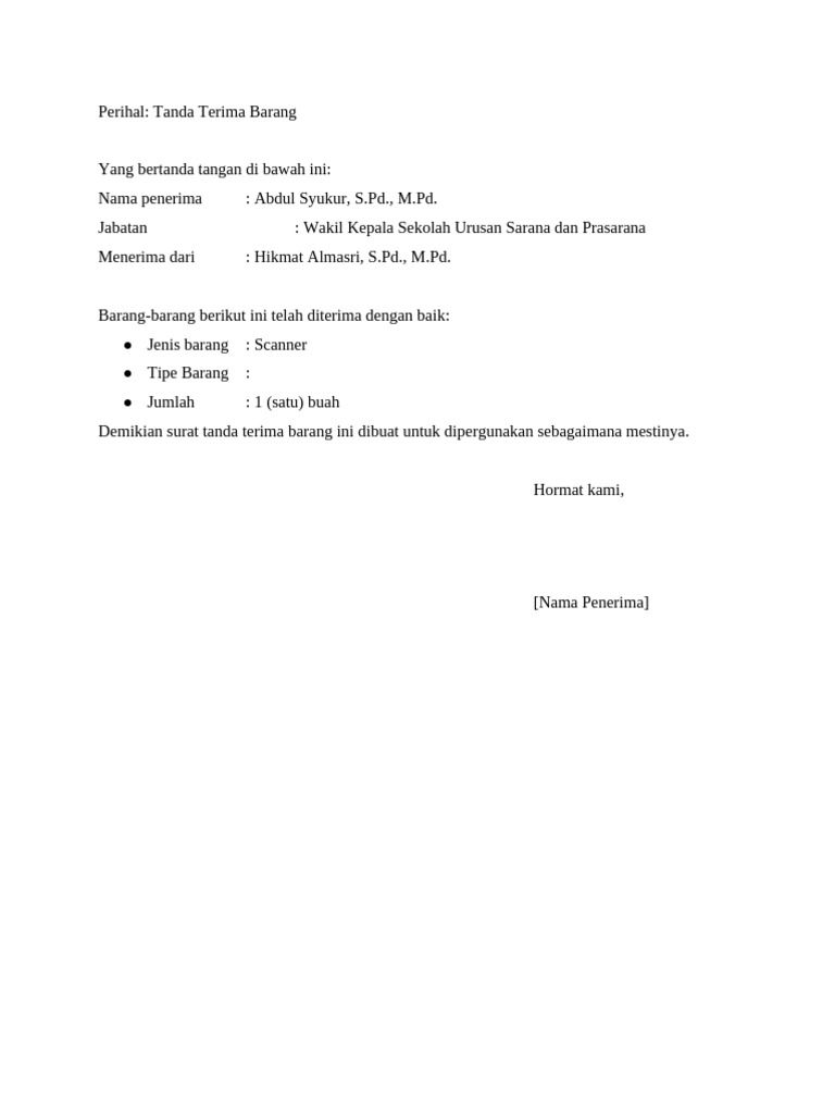 Contoh Surat Tanda Terima Barang | PDF