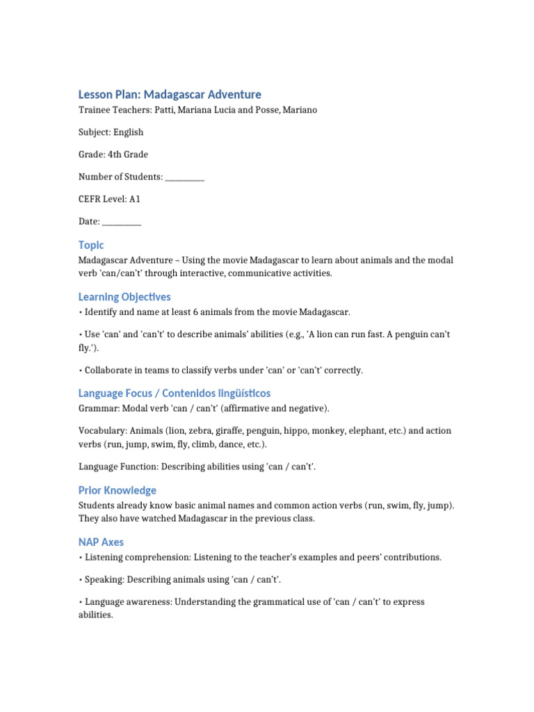 Madagascar Adventure Lesson Plan | PDF | Communication | Linguistics