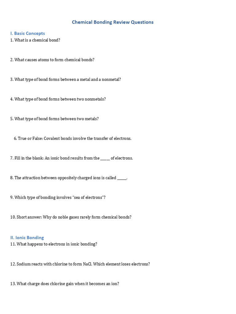 Chemical Bonding Practice Questions | PDF | Chemical Bond | Ion