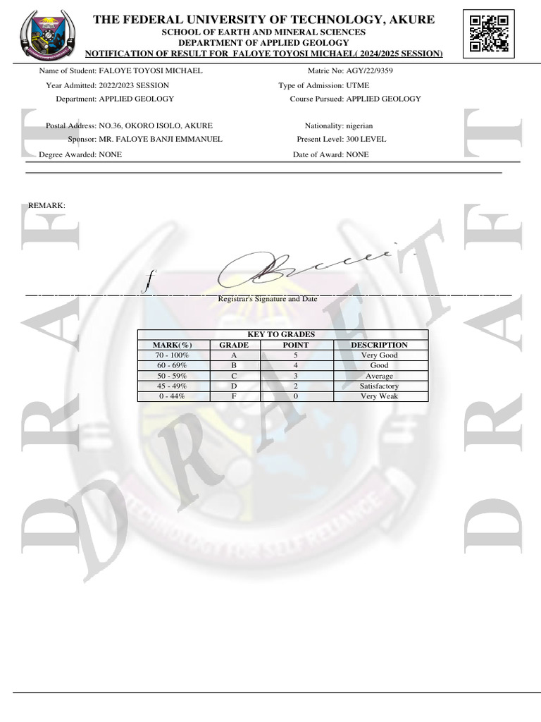 Faloye Toyosi Michael Result Notification | PDF