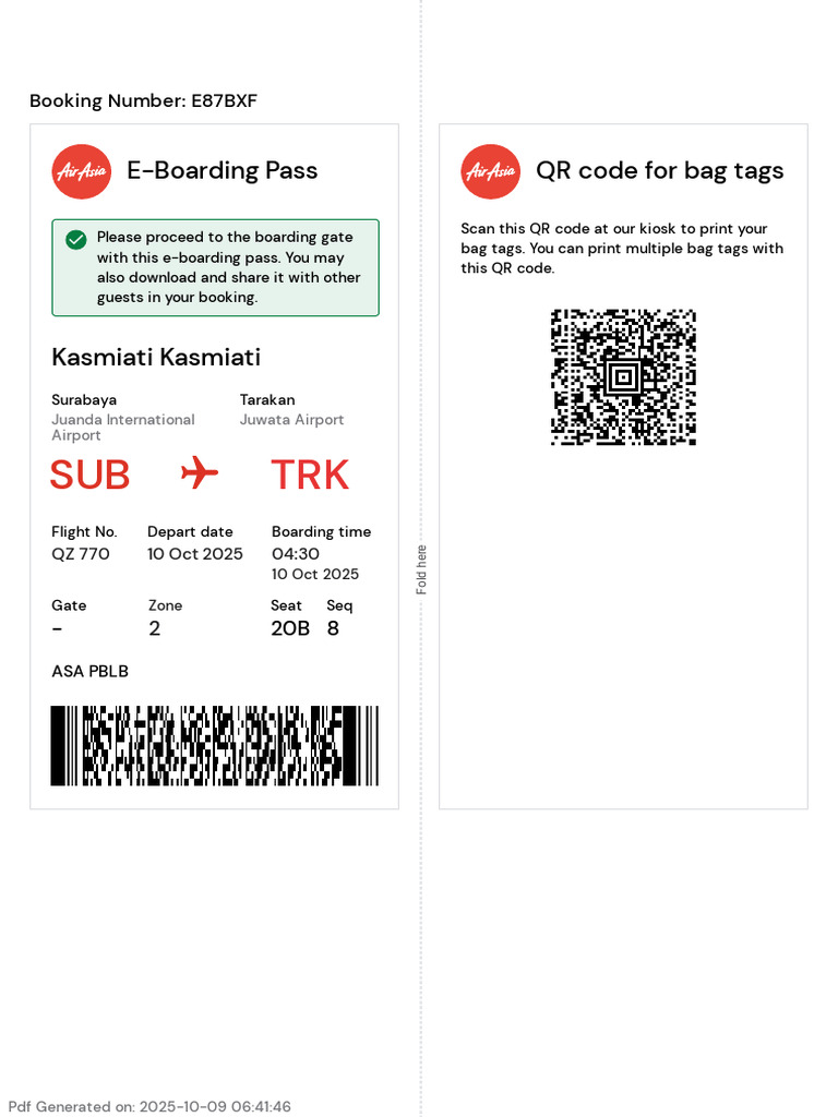 E-Boarding Pass QR Code For Bag Tags: Booking Number: E87BXF | PDF
